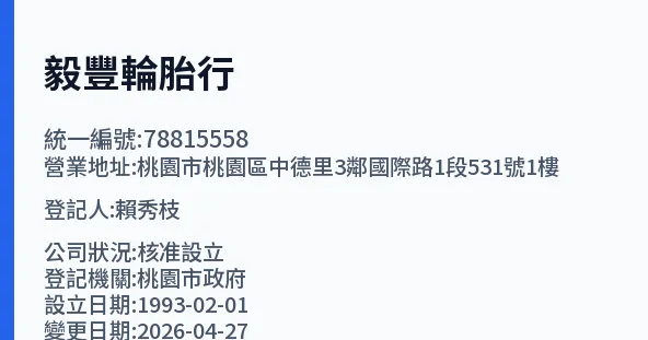 毅豐輪胎行的照片-統編 78815558(桃園市) 公司登記資料與營業項目詳細圖表