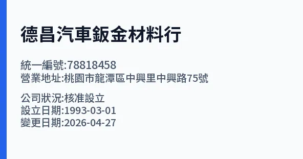 德昌汽車鈑金材料行的照片-統編 78818458(桃園市) 公司登記資料與營業項目詳細圖表