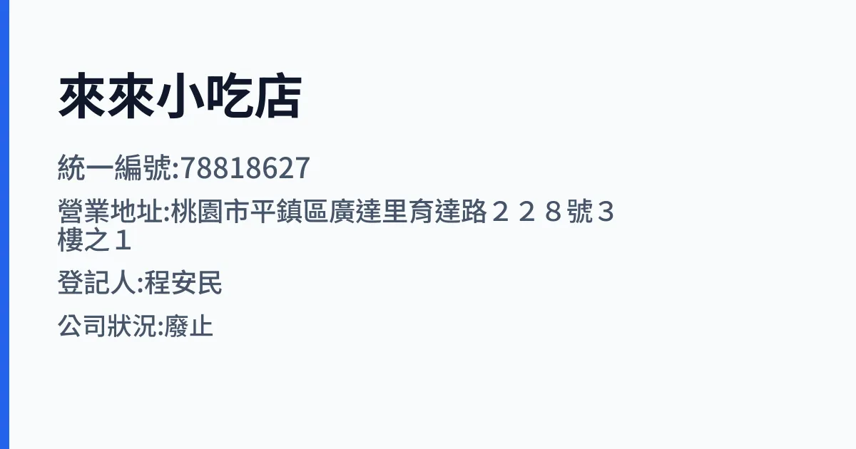 來來小吃店 - 統編 78818627(桃園市) 公司登記資料與營業項目詳細圖表