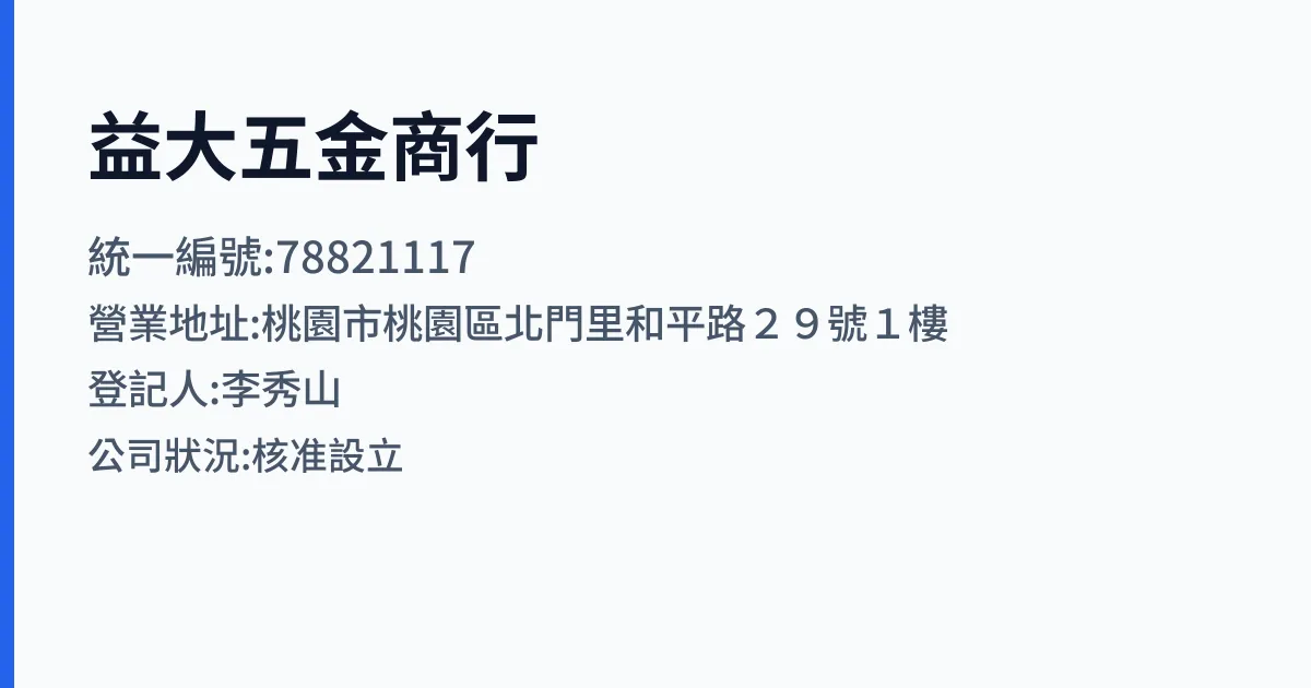 益大五金商行 - 統編 78821117(桃園市) 公司登記資料與營業項目詳細圖表