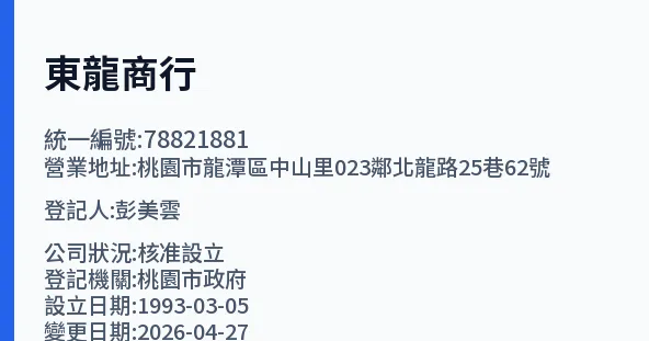 東龍商行的照片-統編 78821881(桃園市) 公司登記資料與營業項目詳細圖表