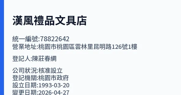 漢風禮品文具店的照片-統編 78822642(桃園市) 公司登記資料與營業項目詳細圖表