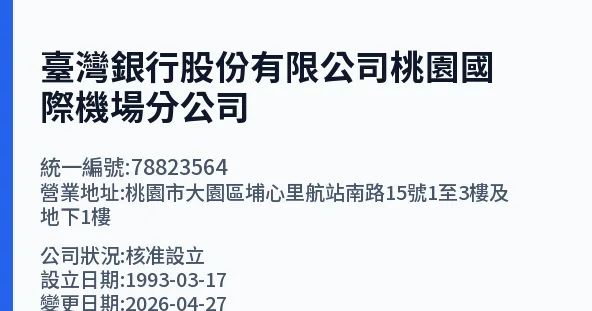 臺灣銀行股份有限公司桃園國際機場分公司的照片-統編 78823564(桃園市) 公司登記資料與營業項目詳細圖表