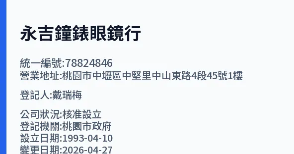永吉鐘錶眼鏡行的照片-統編 78824846(桃園市) 公司登記資料與營業項目詳細圖表