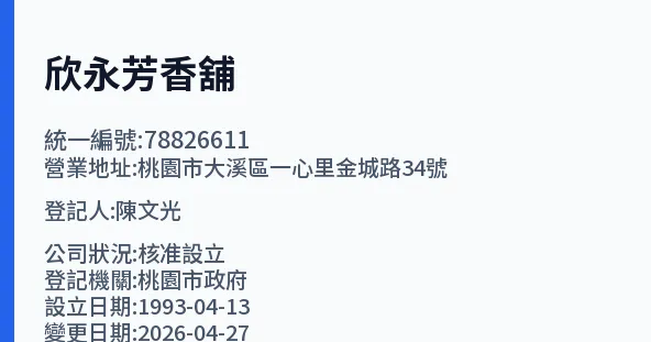 欣永芳香舖的照片-統編 78826611(桃園市) 公司登記資料與營業項目詳細圖表