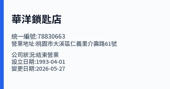 華洋鎖匙店的照片-統編 78830663(桃園市) 公司登記資料與營業項目詳細圖表