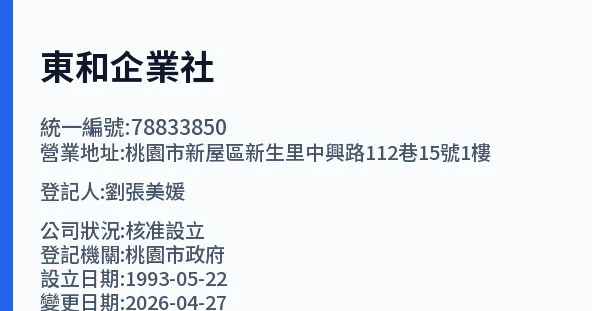 東和企業社的照片-統編 78833850(桃園市) 公司登記資料與營業項目詳細圖表