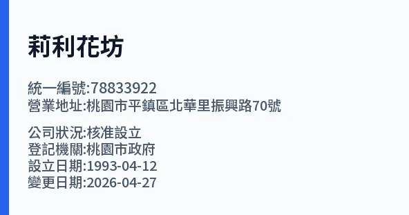 莉利花坊的照片-統編 78833922(桃園市) 公司登記資料與營業項目詳細圖表