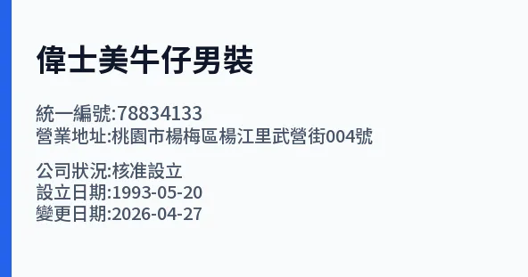 偉士美牛仔男裝的照片-統編 78834133(桃園市) 公司登記資料與營業項目詳細圖表