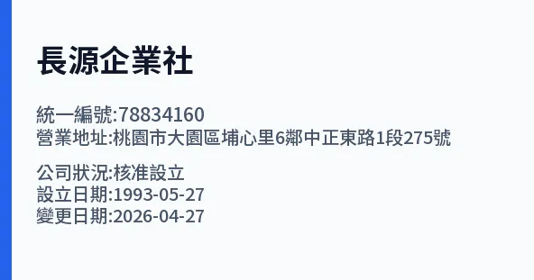 長源企業社的照片-統編 78834160(桃園市) 公司登記資料與營業項目詳細圖表