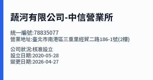 蔬河有限公司-中信營業所的照片-統編 78835077(臺北市) 公司登記資料與營業項目詳細圖表