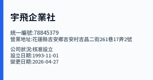 宇飛企業社的照片-統編 78845379(花蓮縣) 公司登記資料與營業項目詳細圖表