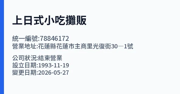 上日式小吃攤販的照片-統編 78846172(花蓮縣) 公司登記資料與營業項目詳細圖表