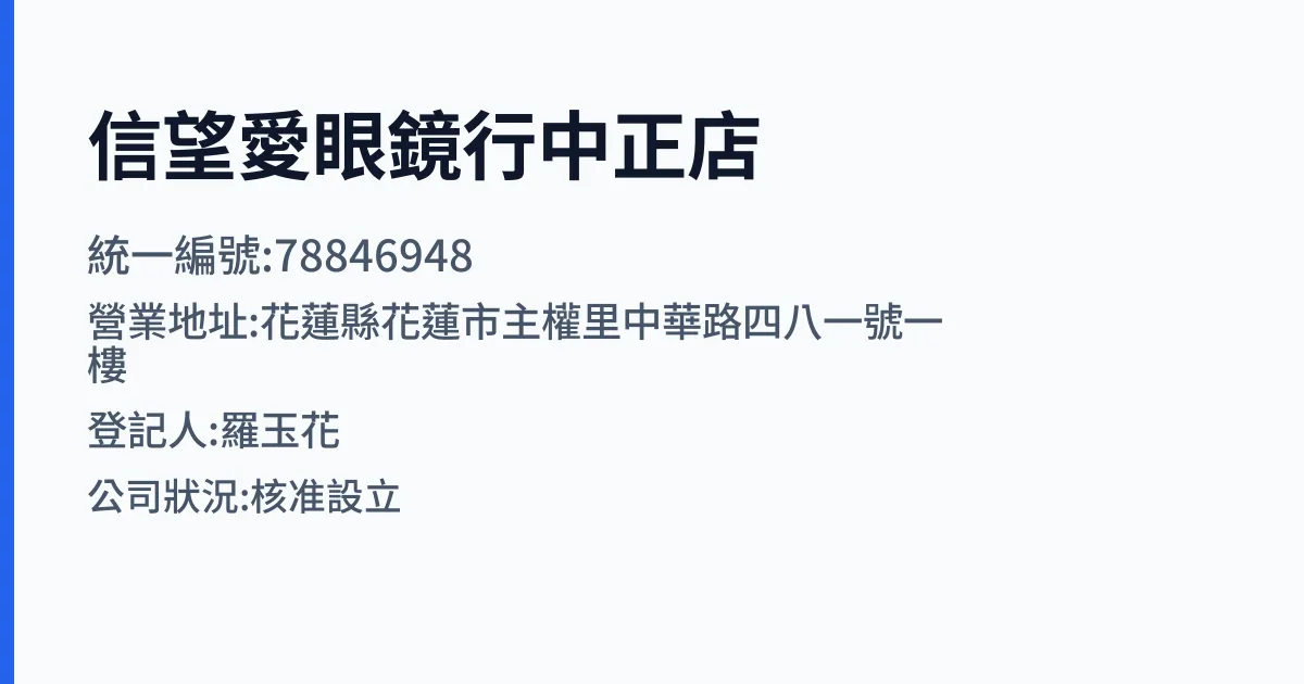信望愛眼鏡行中正店 - 統編 78846948(花蓮縣) 公司登記資料與營業項目詳細圖表