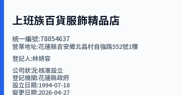 上班族百貨服飾精品店的照片-統編 78854637(花蓮縣) 公司登記資料與營業項目詳細圖表