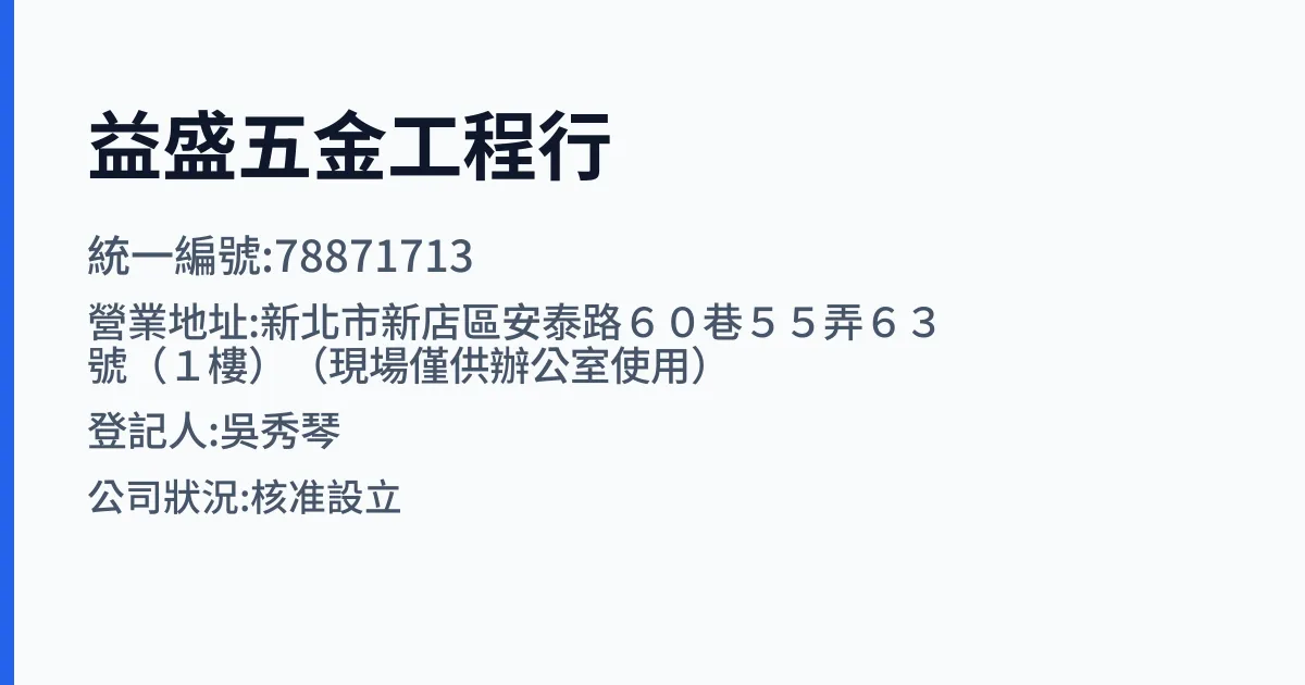 益盛五金工程行 - 統編 78871713(新北市) 公司登記資料與營業項目詳細圖表