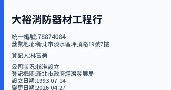 大裕消防器材工程行的照片-統編 78874084(新北市) 公司登記資料與營業項目詳細圖表