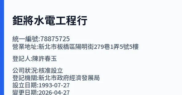 鉅將水電工程行的照片-統編 78875725(新北市) 公司登記資料與營業項目詳細圖表