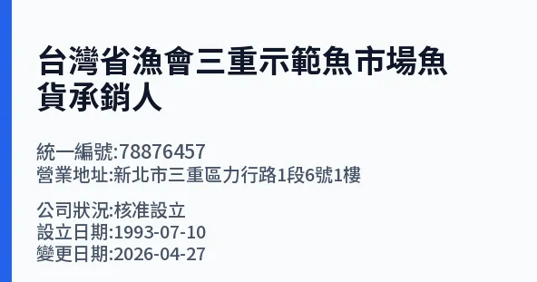 台灣省漁會三重示範魚市場魚貨承銷人的照片-統編 78876457(新北市) 公司登記資料與營業項目詳細圖表