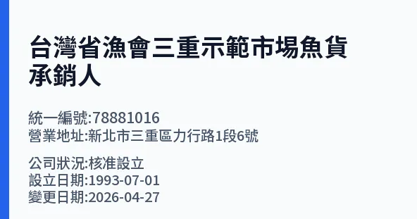 台灣省漁會三重示範市埸魚貨承銷人的照片-統編 78881016(新北市) 公司登記資料與營業項目詳細圖表
