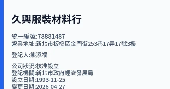 久興服裝材料行的照片-統編 78881487(新北市) 公司登記資料與營業項目詳細圖表