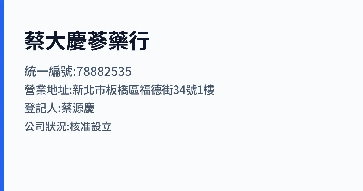 蔡大慶蔘藥行 - 統編 78882535(新北市) 公司登記資料與營業項目詳細圖表