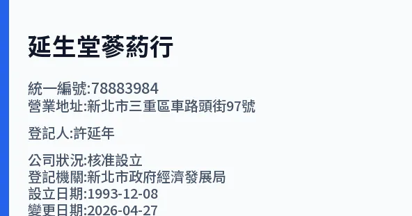 延生堂蔘葯行的照片-統編 78883984(新北市) 公司登記資料與營業項目詳細圖表