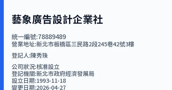 藝象廣告設計企業社的照片-統編 78889489(新北市) 公司登記資料與營業項目詳細圖表