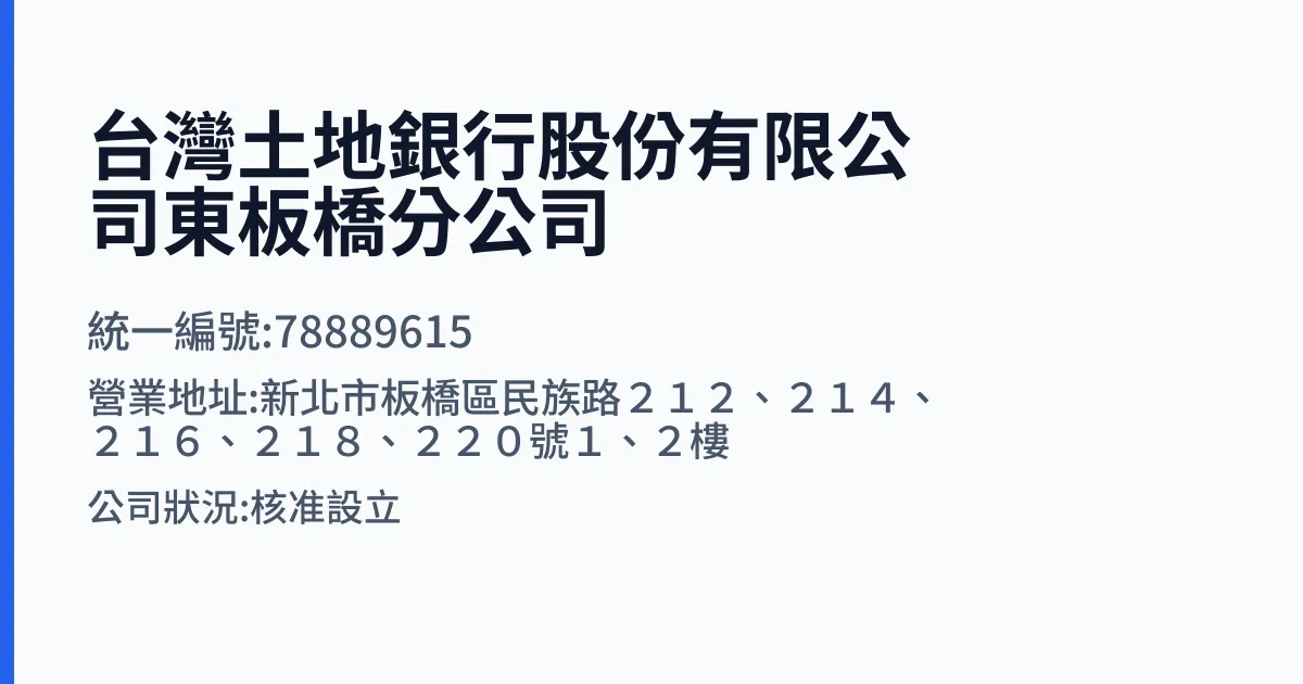 台灣土地銀行股份有限公司東板橋分公司 - 統編 78889615(新北市) 公司登記資料與營業項目詳細圖表