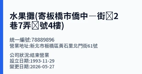 水果攤(寄板橋市僑中―街2巷7弄號4樓)的照片-統編 78889896(新北市) 公司登記資料與營業項目詳細圖表