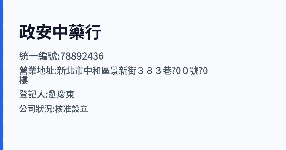 政安中藥行 - 統編 78892436(新北市) 公司登記資料與營業項目詳細圖表