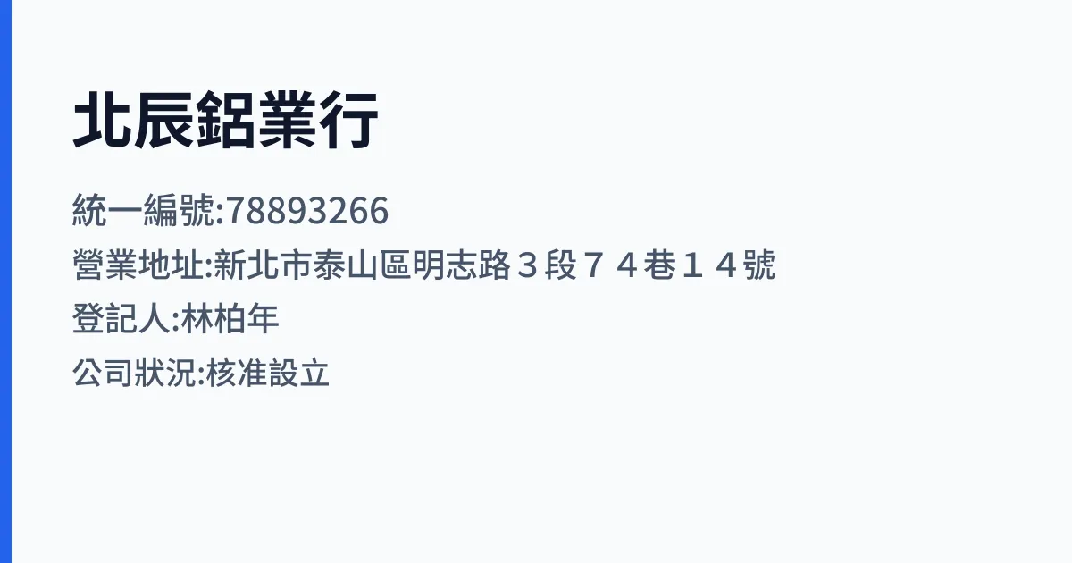 北辰鋁業行 - 統編 78893266(新北市) 公司登記資料與營業項目詳細圖表