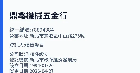 鼎鑫機械五金行的照片-統編 78894384(新北市) 公司登記資料與營業項目詳細圖表