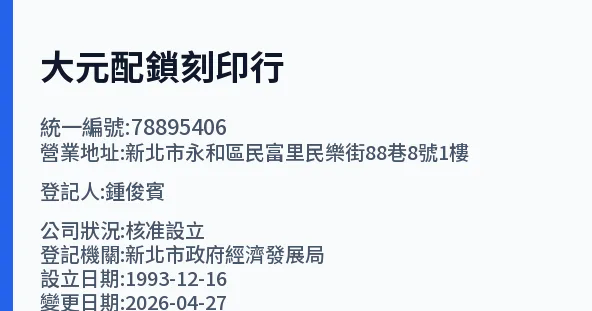 大元配鎖刻印行的照片-統編 78895406(新北市) 公司登記資料與營業項目詳細圖表
