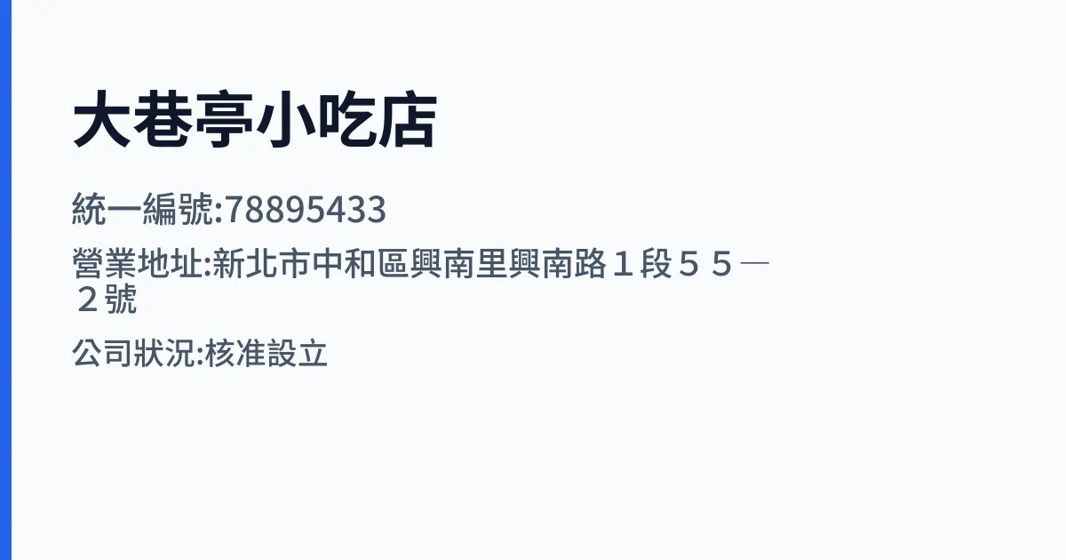 大巷亭小吃店 - 統編 78895433(新北市) 公司登記資料與營業項目詳細圖表