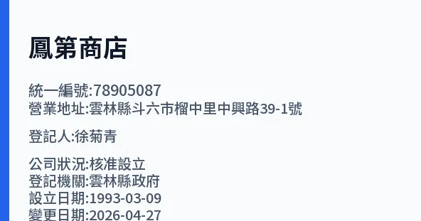 鳳第商店的照片-統編 78905087(雲林縣) 公司登記資料與營業項目詳細圖表