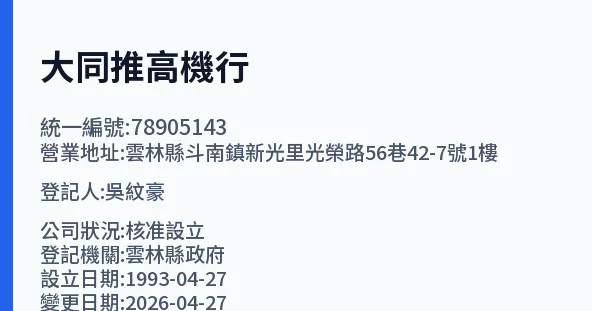 大同推高機行的照片-統編 78905143(雲林縣) 公司登記資料與營業項目詳細圖表