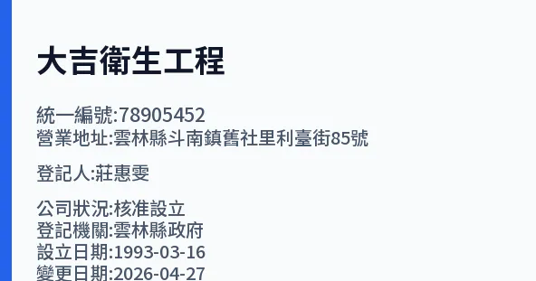 大吉衛生工程的照片-統編 78905452(雲林縣) 公司登記資料與營業項目詳細圖表