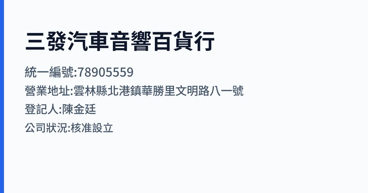 三發汽車音響百貨行 - 統編 78905559(雲林縣) 公司登記資料與營業項目詳細圖表