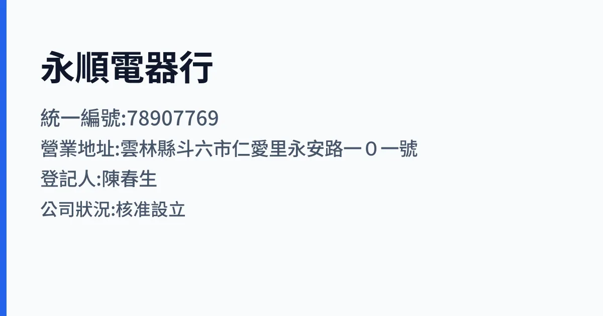 永順電器行 - 統編 78907769(雲林縣) 公司登記資料與營業項目詳細圖表