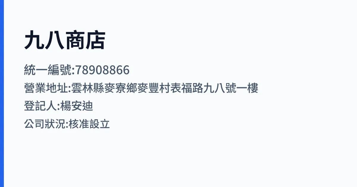 九八商店 - 統編 78908866(雲林縣) 公司登記資料與營業項目詳細圖表