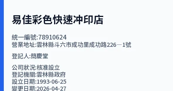 易佳彩色快速冲印店的照片-統編 78910624(雲林縣) 公司登記資料與營業項目詳細圖表