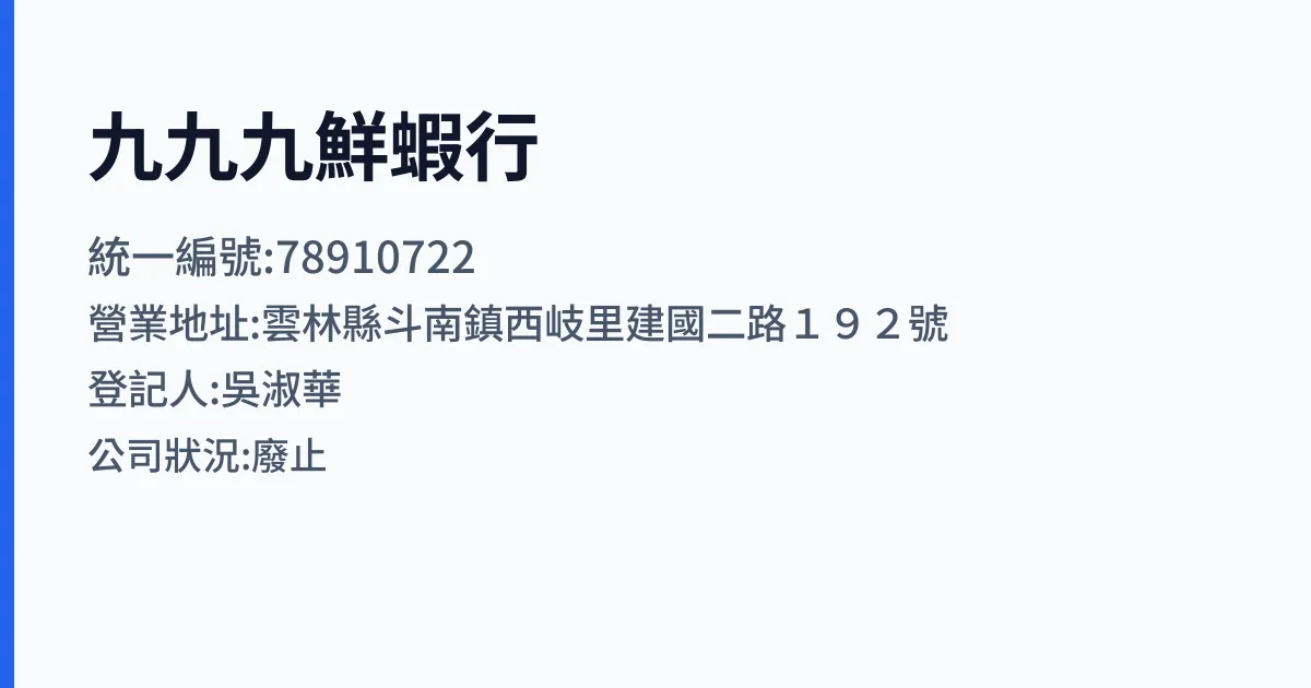 九九九鮮蝦行 - 統編 78910722（雲林縣） 公司登記資料與營業項目詳細圖表