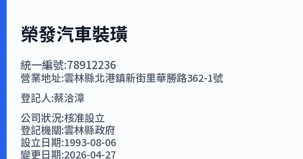 榮發汽車裝璜的照片-統編 78912236(雲林縣) 公司登記資料與營業項目詳細圖表