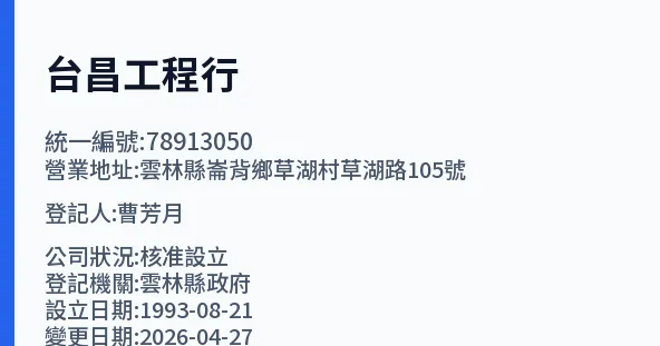 台昌工程行的照片-統編 78913050(雲林縣) 公司登記資料與營業項目詳細圖表