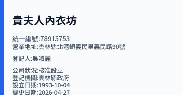貴夫人內衣坊的照片-統編 78915753(雲林縣) 公司登記資料與營業項目詳細圖表