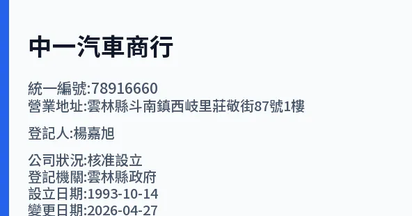 中一汽車商行的照片-統編 78916660(雲林縣) 公司登記資料與營業項目詳細圖表