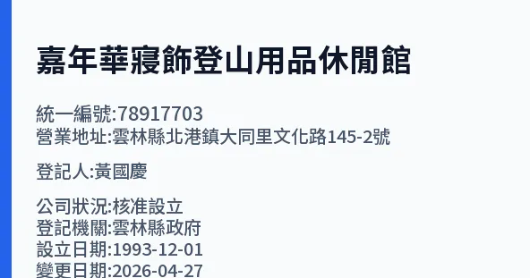 嘉年華寢飾登山用品休閒館的照片-統編 78917703(雲林縣) 公司登記資料與營業項目詳細圖表
