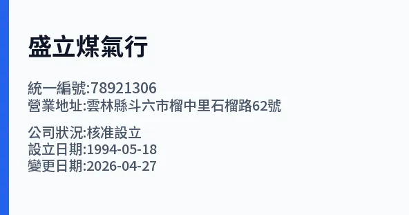 盛立煤氣行的照片-統編 78921306(雲林縣) 公司登記資料與營業項目詳細圖表