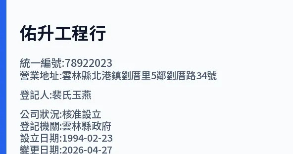 佑升工程行的照片-統編 78922023(雲林縣) 公司登記資料與營業項目詳細圖表